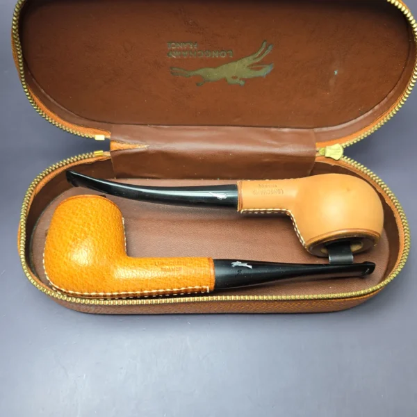 Longchamp Leather Wrapped Two Pipe Set w/ Case Estate Briar Pipes ...